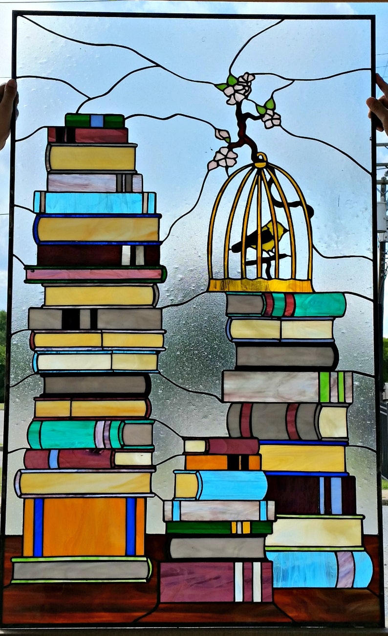 Stained Glass Window W-261 Birdcage and Books - Etsy