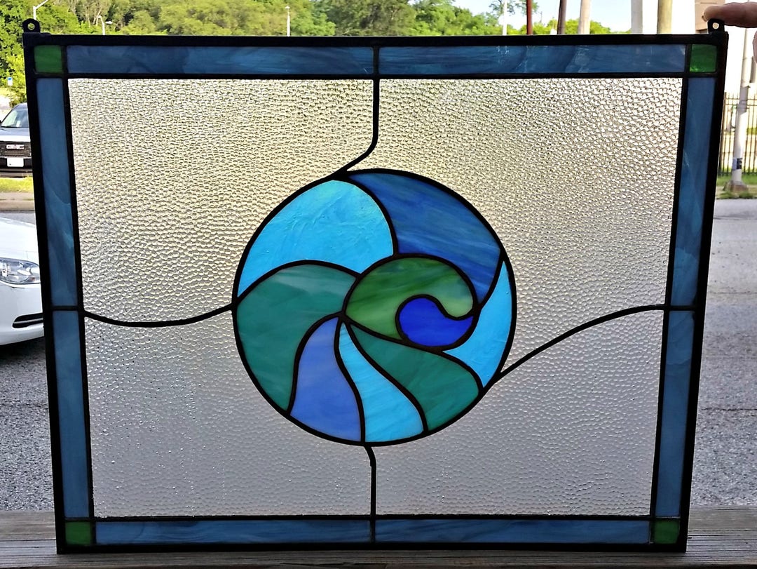 Luminous Textured Seascape Stained Glass Window Panel With a Vivid Blue ...