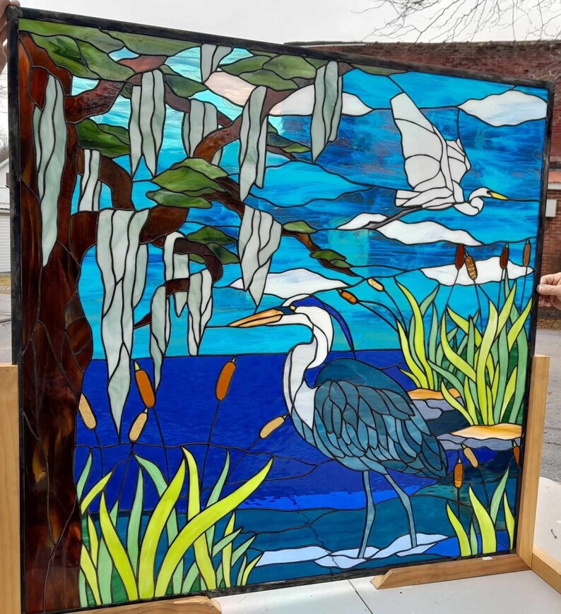 Stained Glass Window Panel - P-331 Heron in the Marsh - Etsy