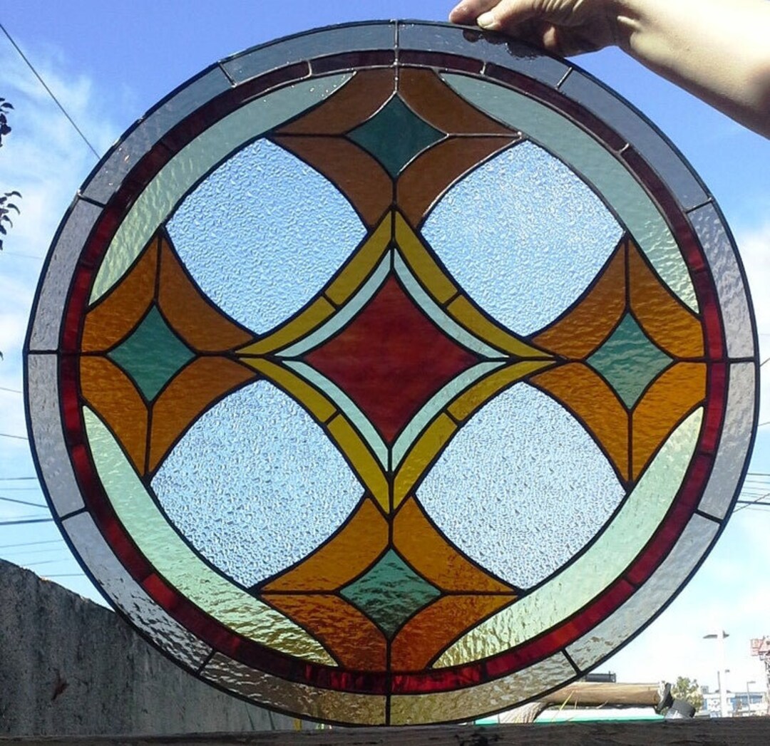 Stained Glass Round Window - W-64 Warm Colored Diamonds - Etsy