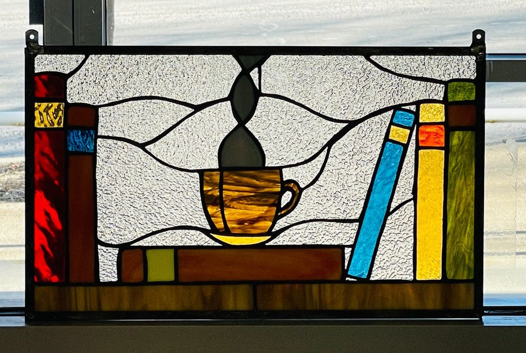 X-6 Tea Cup and Books Stained Glass Hanging Window Panel - Etsy