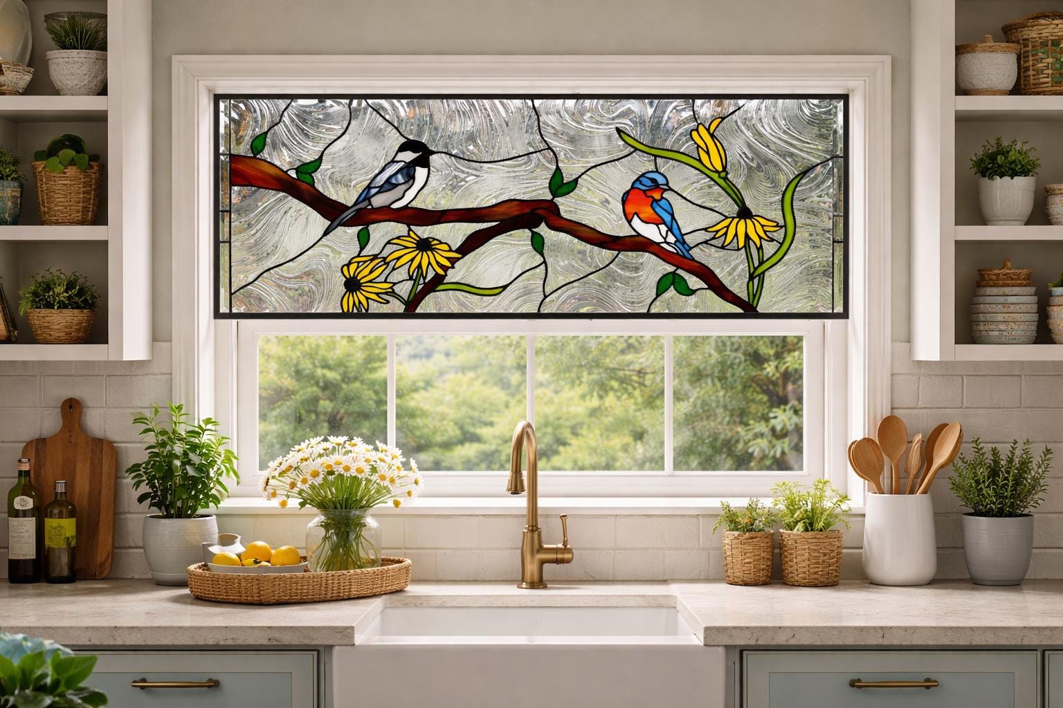 Whimsical Woodland Serenade: the Chickadee & Bluebird Transom Stained ...