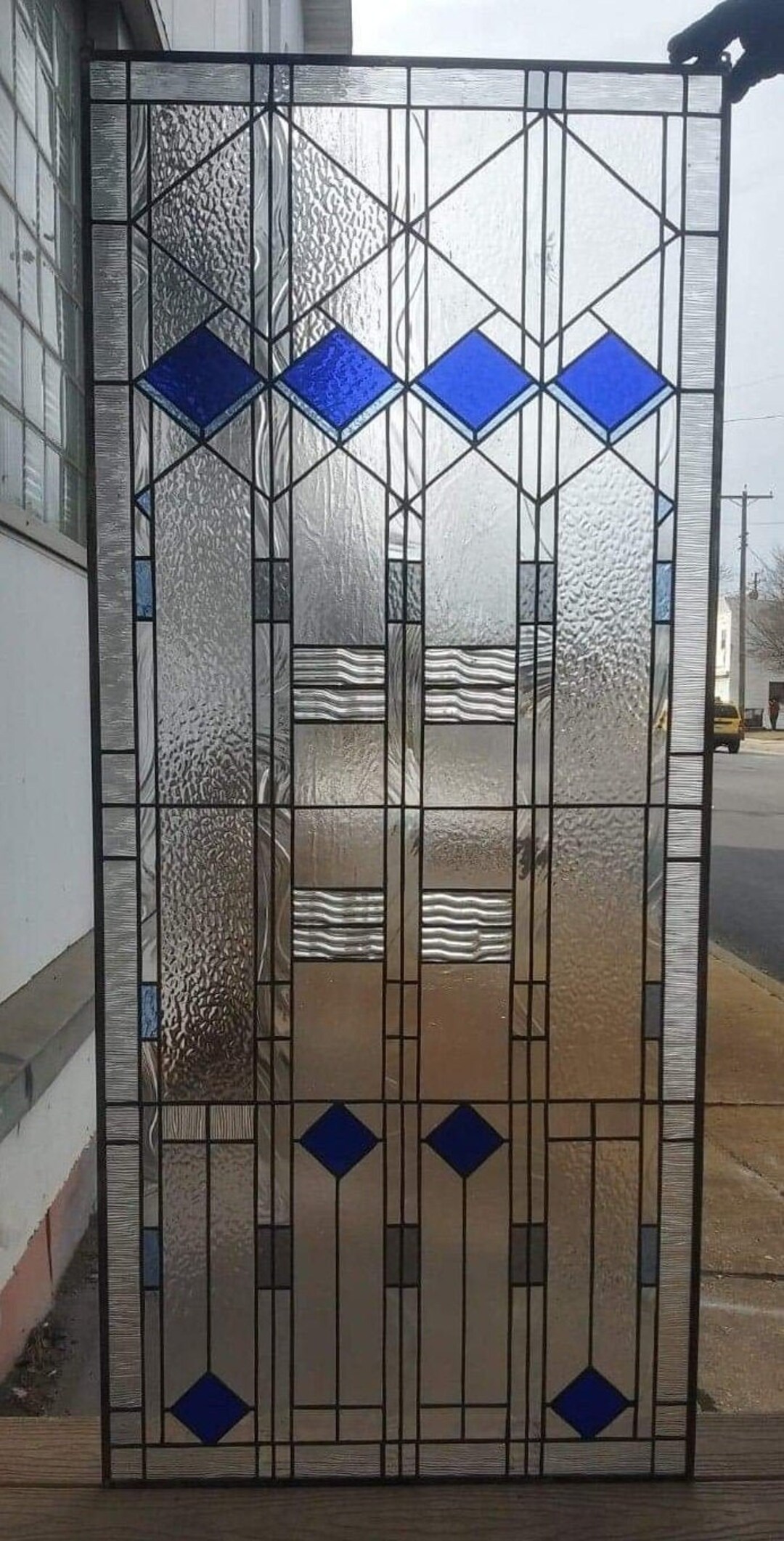 Sapphire Meridian: the Geometric Zenith Stained Glass Hanging Panel P ...
