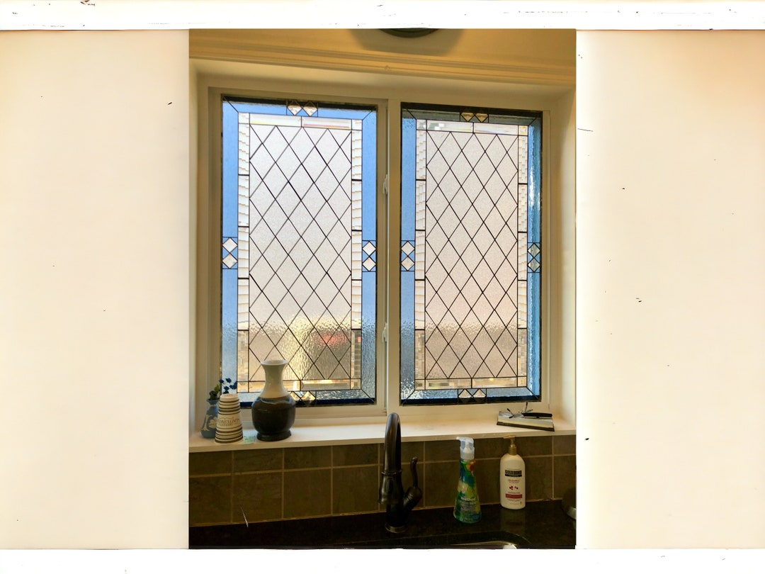 Stained Glass Window Panel - Pale Blue Tudor Diamonds W-13 - Etsy