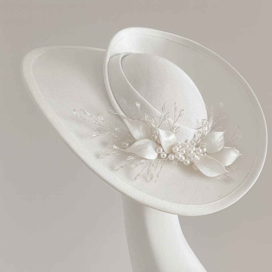 White Satin Bridal Hat With Pearls and Leaves - Etsy