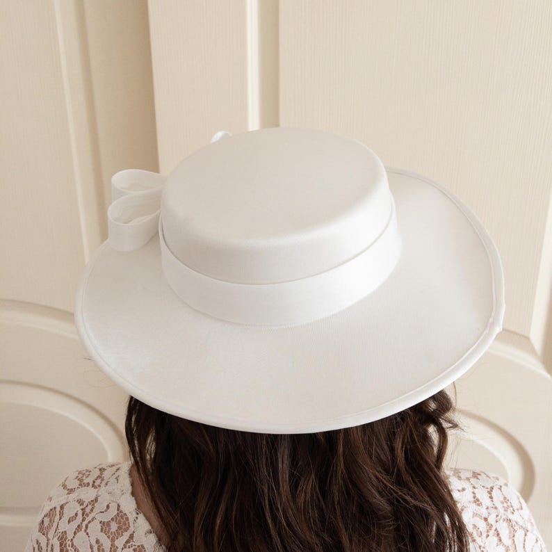 White Bridal Boater Hat – Satin Wedding Fascinator, Couture Headpiece ...
