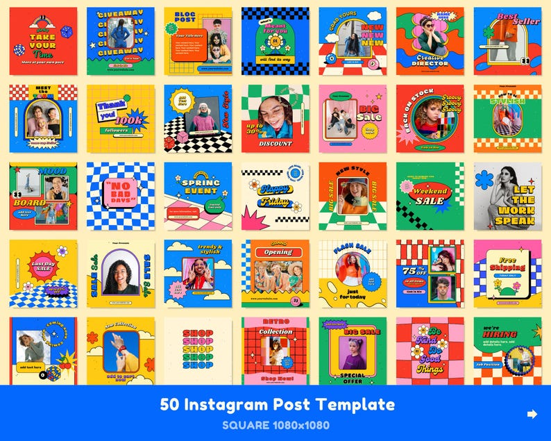 80+ Funky Retro Instagram Post Templates | Social Media Kit | 2025 Bold ...
