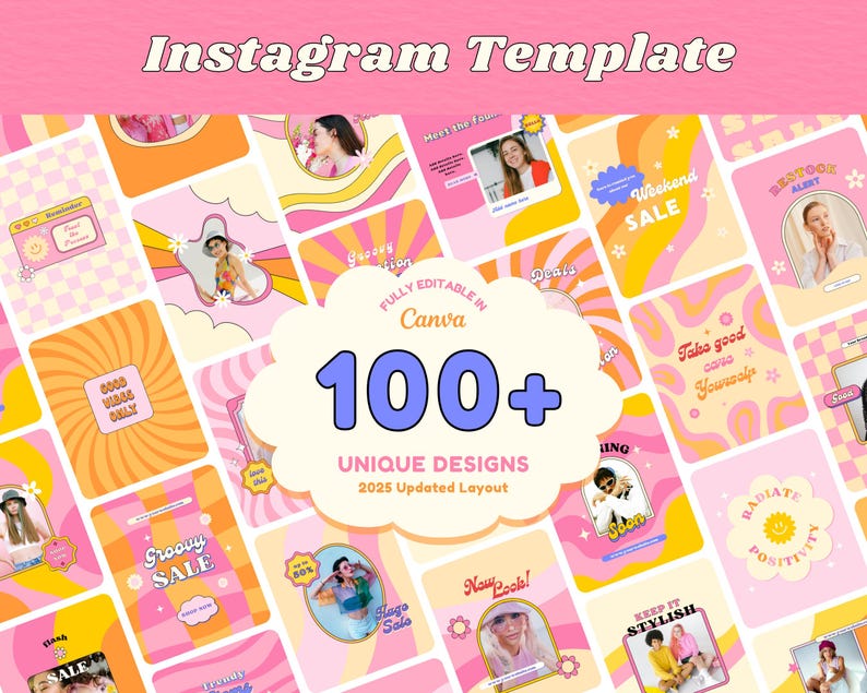 100+ Groovy Vibrant Instagram Template | Pink Orange IG Theme | Brigh ...