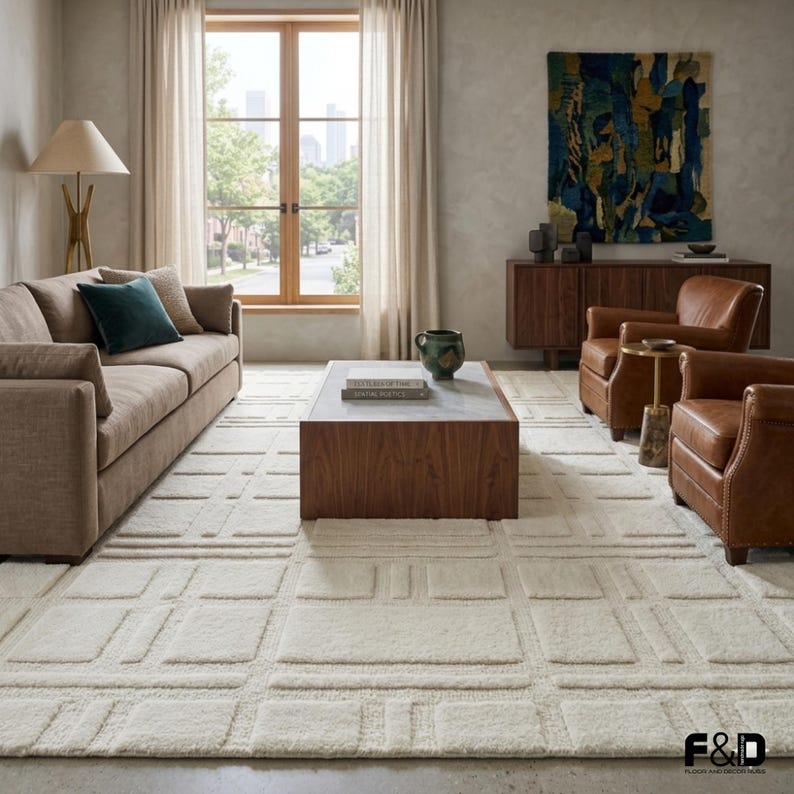 9x12ft Modern Cream Textured Area Rug | Geometric High-low Pile Off ...