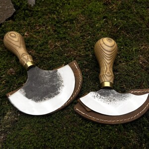 Set of 2 Leather Round Knife With Cases. Half Moon Blades. Skinning ...