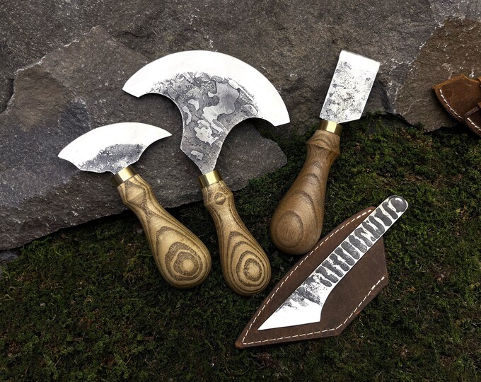 4-piece Forged Leather Knife Set. Leather Round Knives. Kiridashi Knife ...