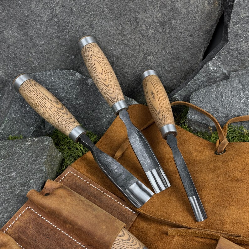 Set of 6 Wood Carving Gouge With Leather Case. Straight Rounded Gouges ...