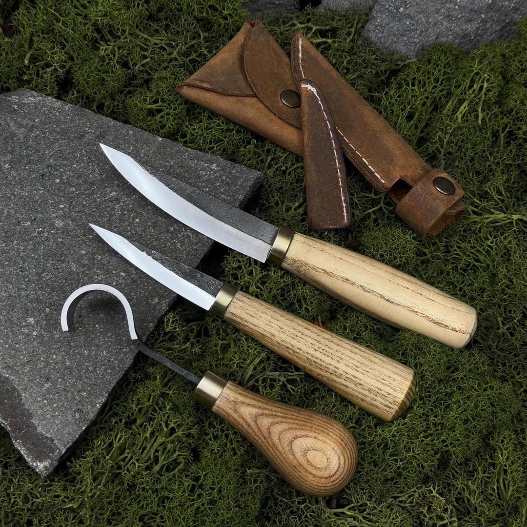Set Wood Carving Knife 3 PCS With Leather Cases. Hook and Sloyd Knives ...