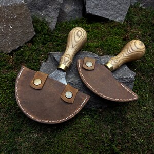 Set of 2 Leather Round Knife With Cases. Half Moon Blades. Skinning ...