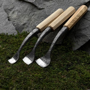 Spoon Bent Gouge Set 3pcs. Spoon Carving Tool Set. Hand-forged Bent Gouge Neck. Bowl Cutting ...
