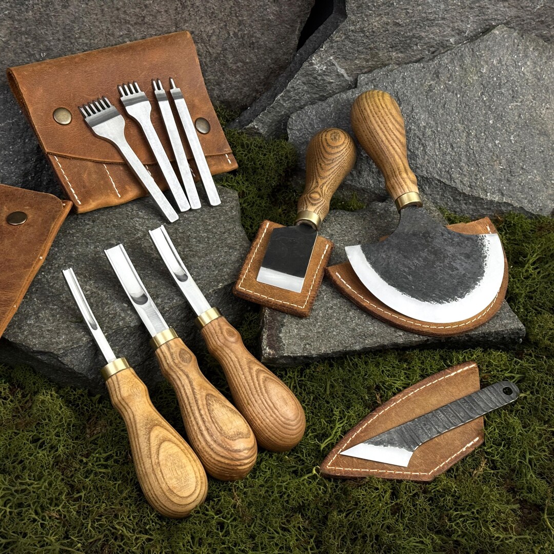 Set of 10 Leatherworking Tool With Leather Cases. Skinning Knives ...
