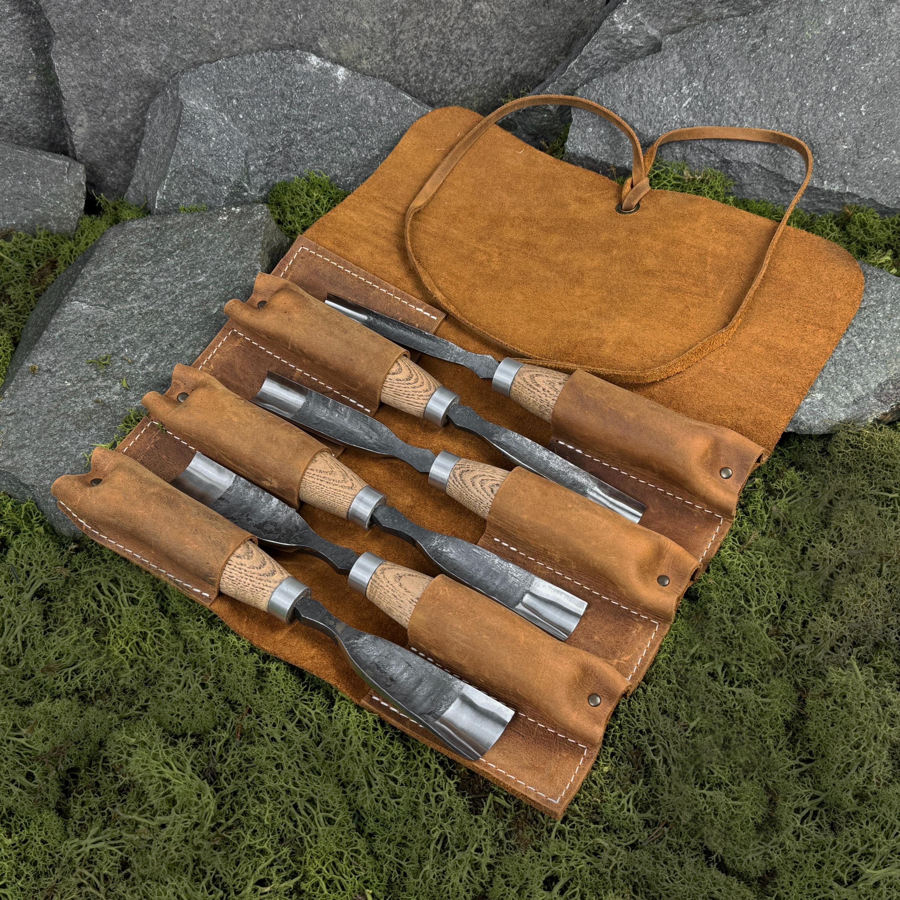Set of 6 Wood Carving Gouge With Leather Case. Straight Rounded Gouges ...
