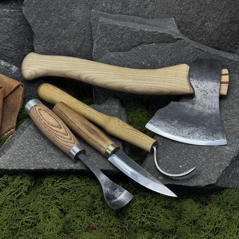4-piece Set of Spoon Carving Tool With Leather Cases. Axe, Gouge, Sloyd ...