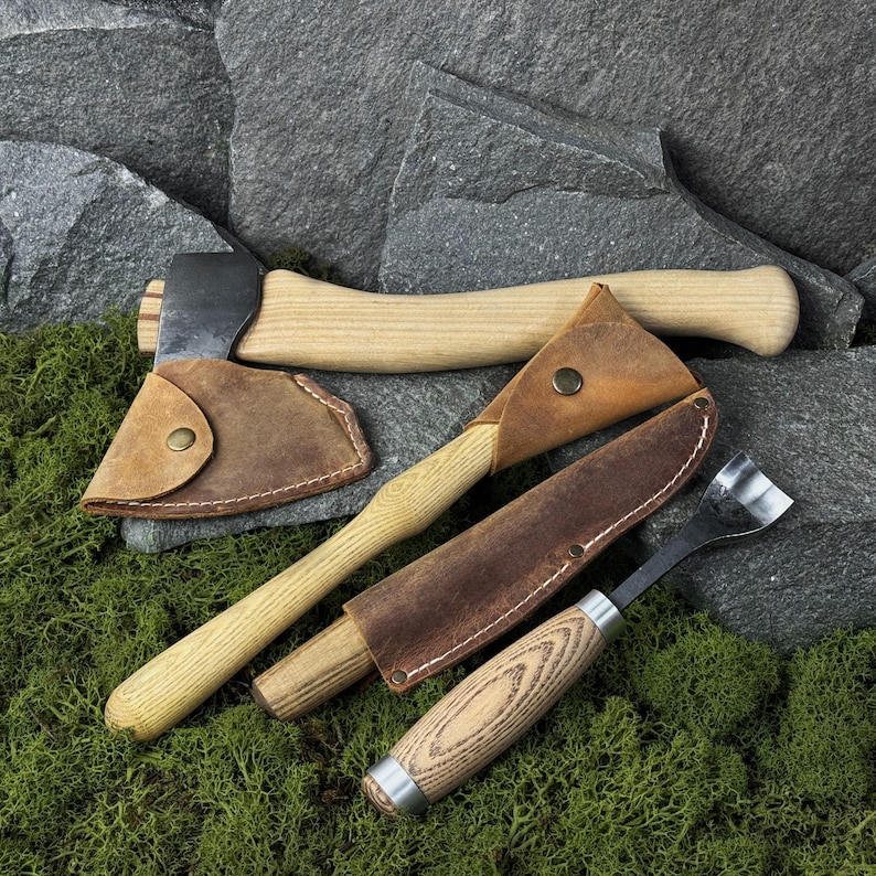 4-piece Set of Spoon Carving Tool With Leather Cases. Axe, Gouge, Sloyd ...
