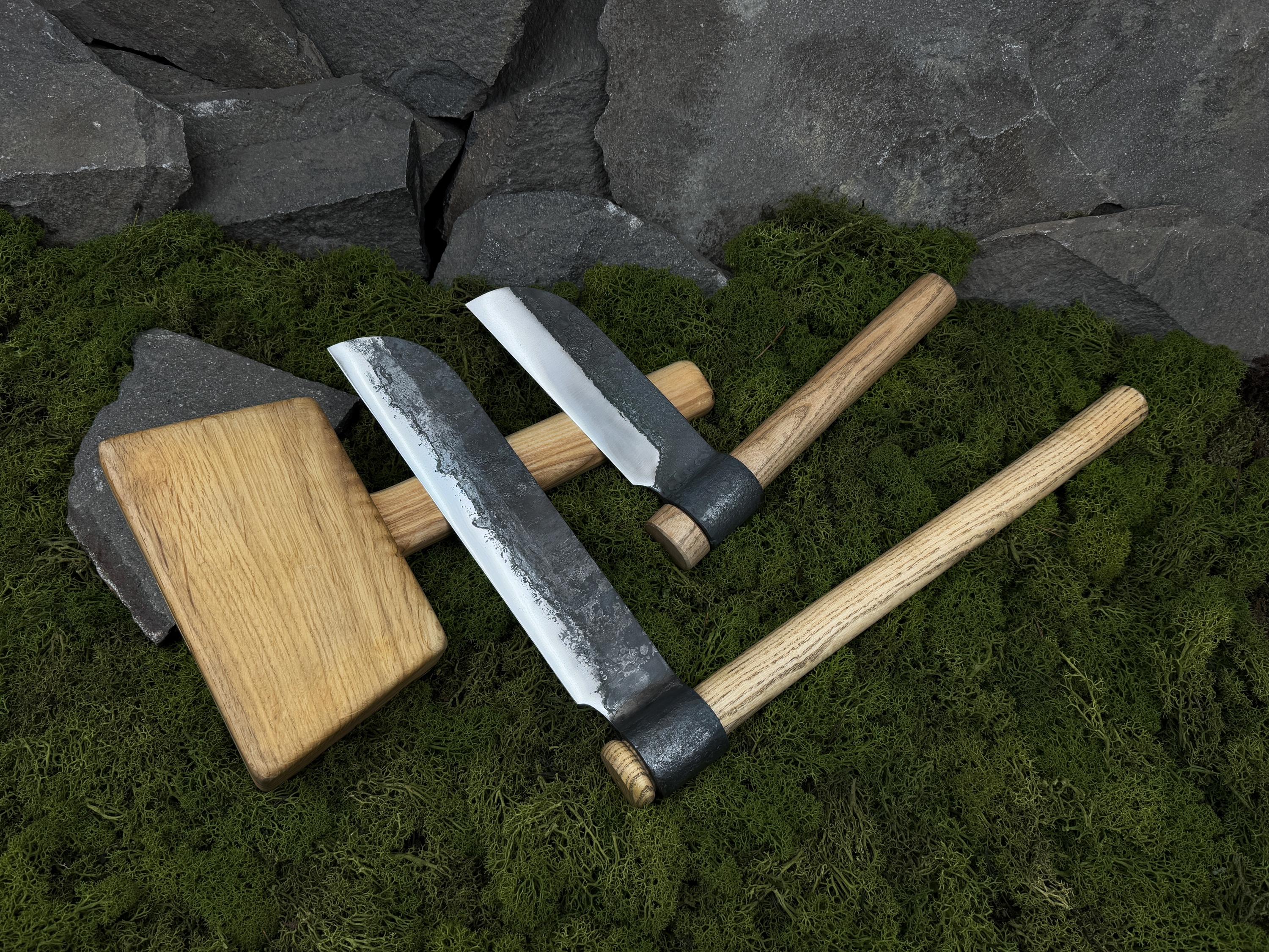 Set Splitting Froe and Wooden Mallet With Leather Cases. Tools for ...