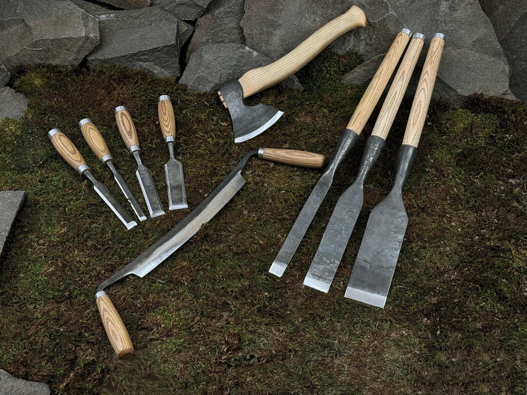 Set Woodworking Tool 9-piece With Leather Cases. Carving Chisels ...