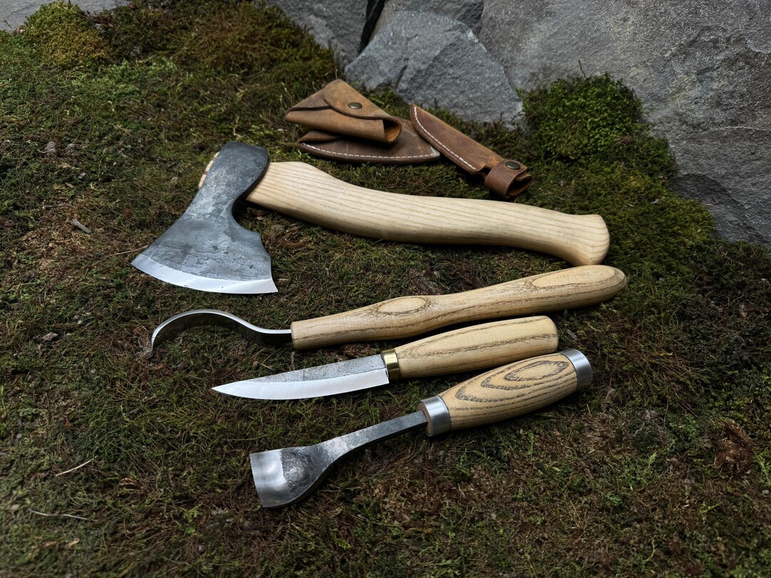 4-piece Set of Spoon Carving Tool With Leather Cases. Axe, Gouge, Sloyd ...
