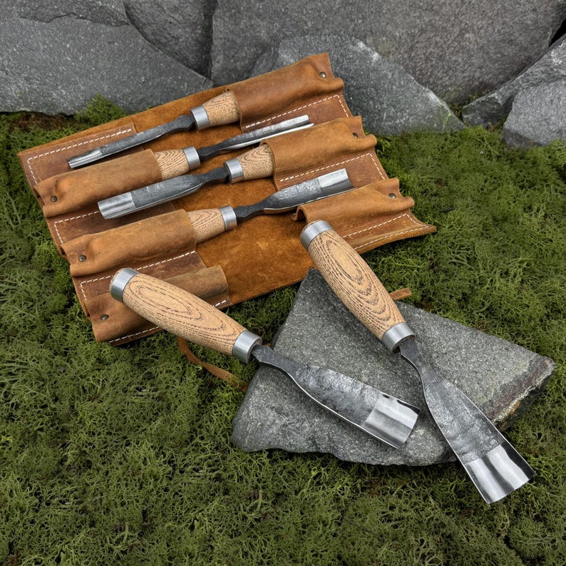 Set of 6 Wood Carving Gouge With Leather Case. Straight Rounded Gouges ...