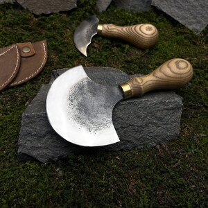 Set of 2 Leather Round Knife With Cases. Half Moon Blades. Skinning ...