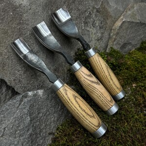Set of 3 Bent Gouge With Leather Case. Spoon Carving Tools. Woodworking Gouges for Beginner and ...