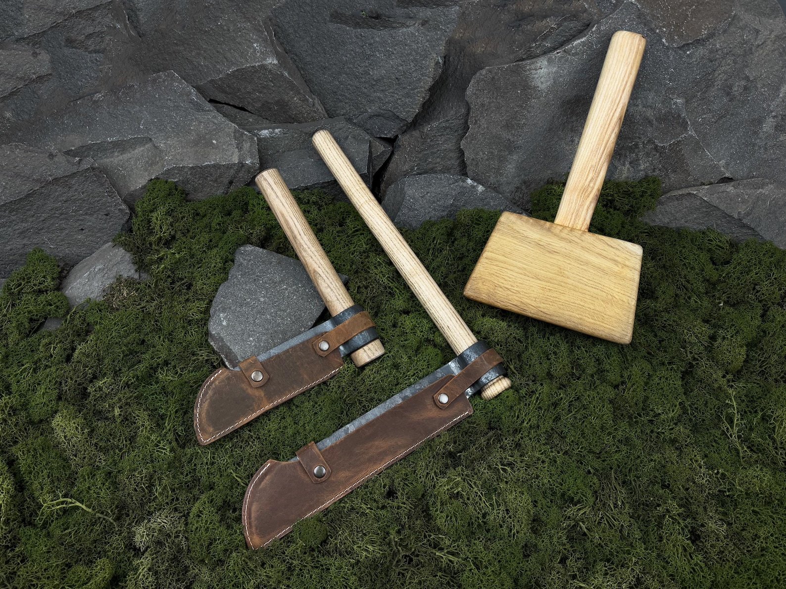 Set Splitting Froe and Wooden Mallet With Leather Cases. Tools for ...