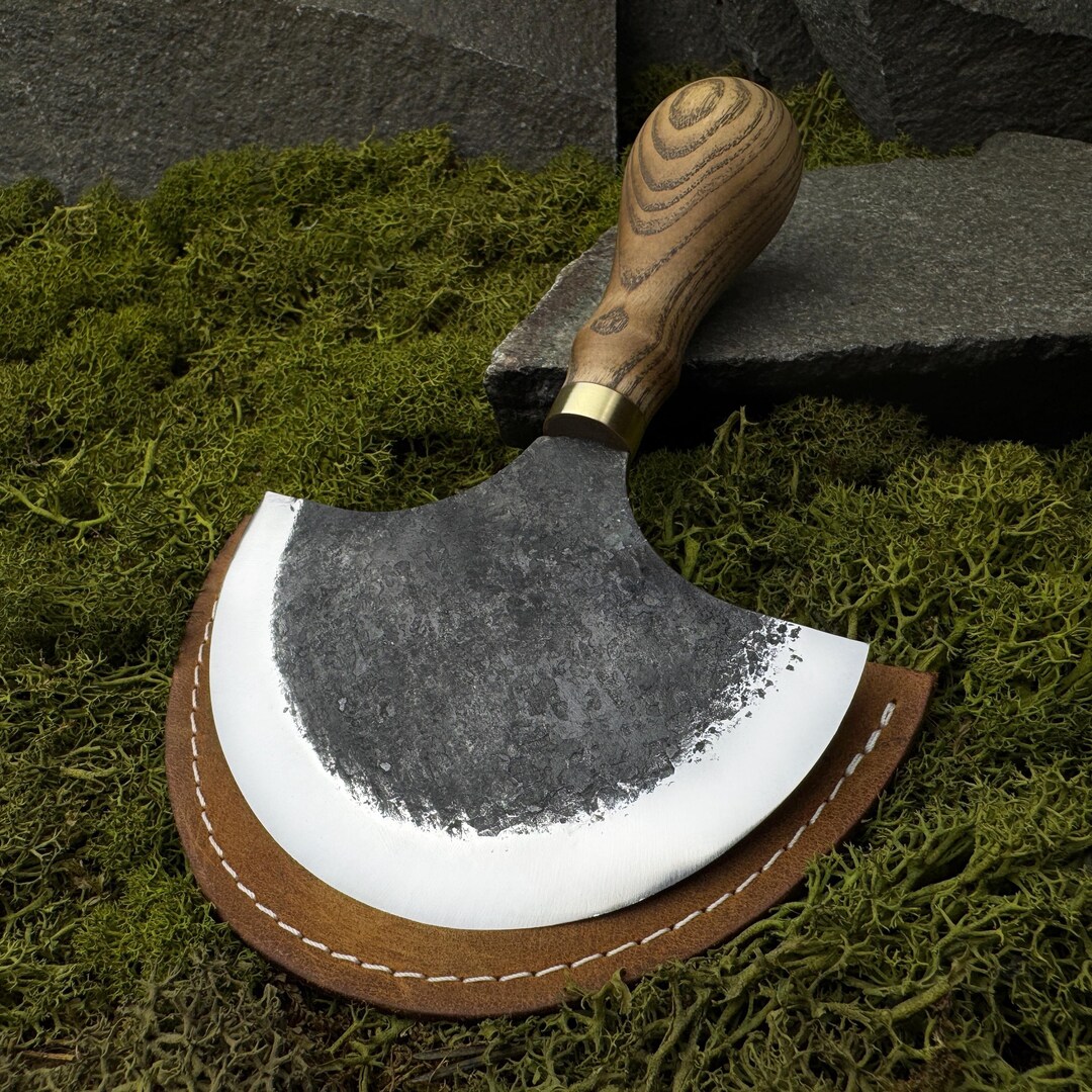 Hand Forged Half Moon Leather Knife With Ash Wood Handle & Leather ...