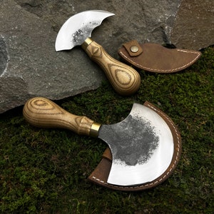 Set of 2 Leather Round Knife With Cases. Half Moon Blades. Skinning ...