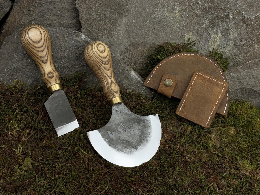 Set of 2 Leatherworking Knife With Leather Cases. Leather Half Moon ...