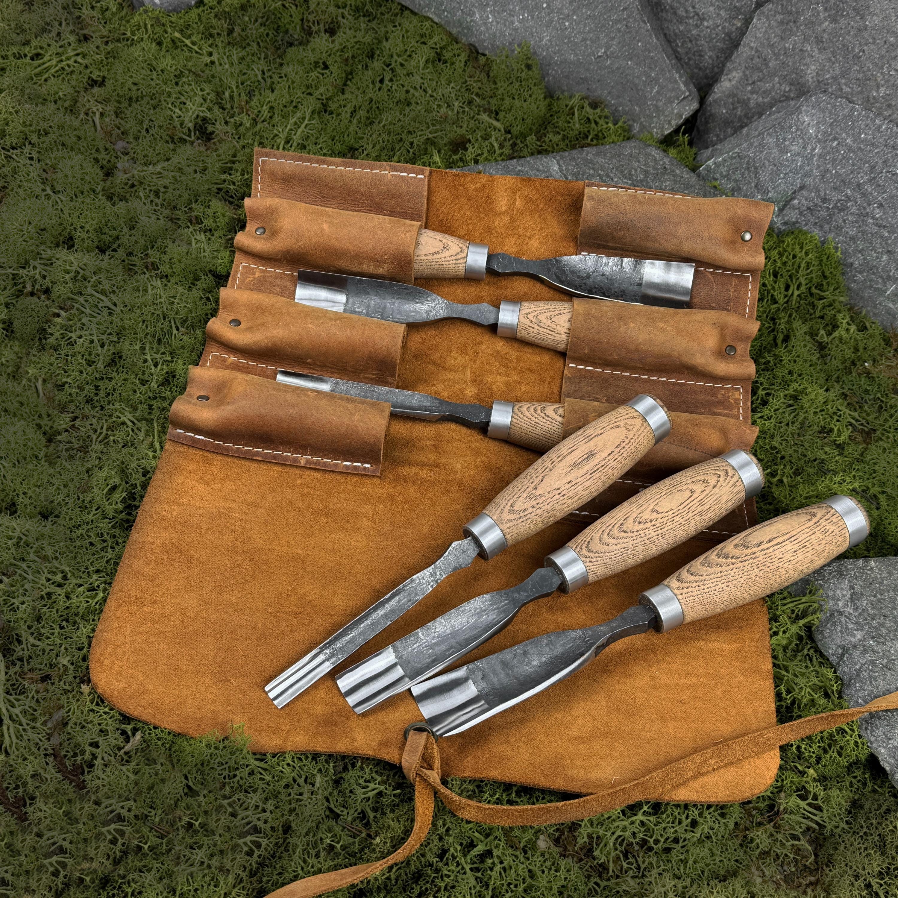 Set of 6 Wood Carving Gouge With Leather Case. Straight Rounded Gouges ...