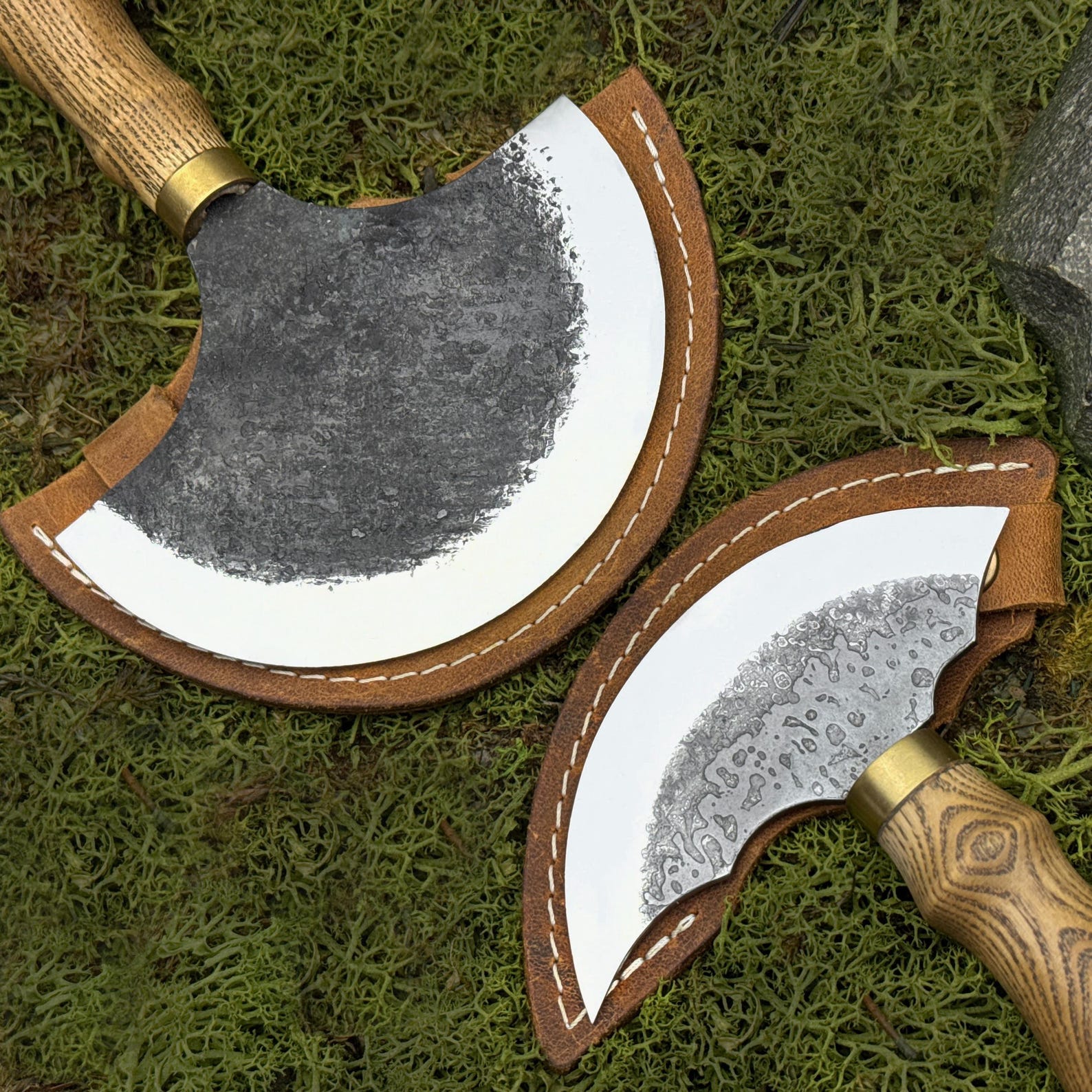 Set of 2 Leather Round Knife With Cases. Half Moon Blades. Skinning ...