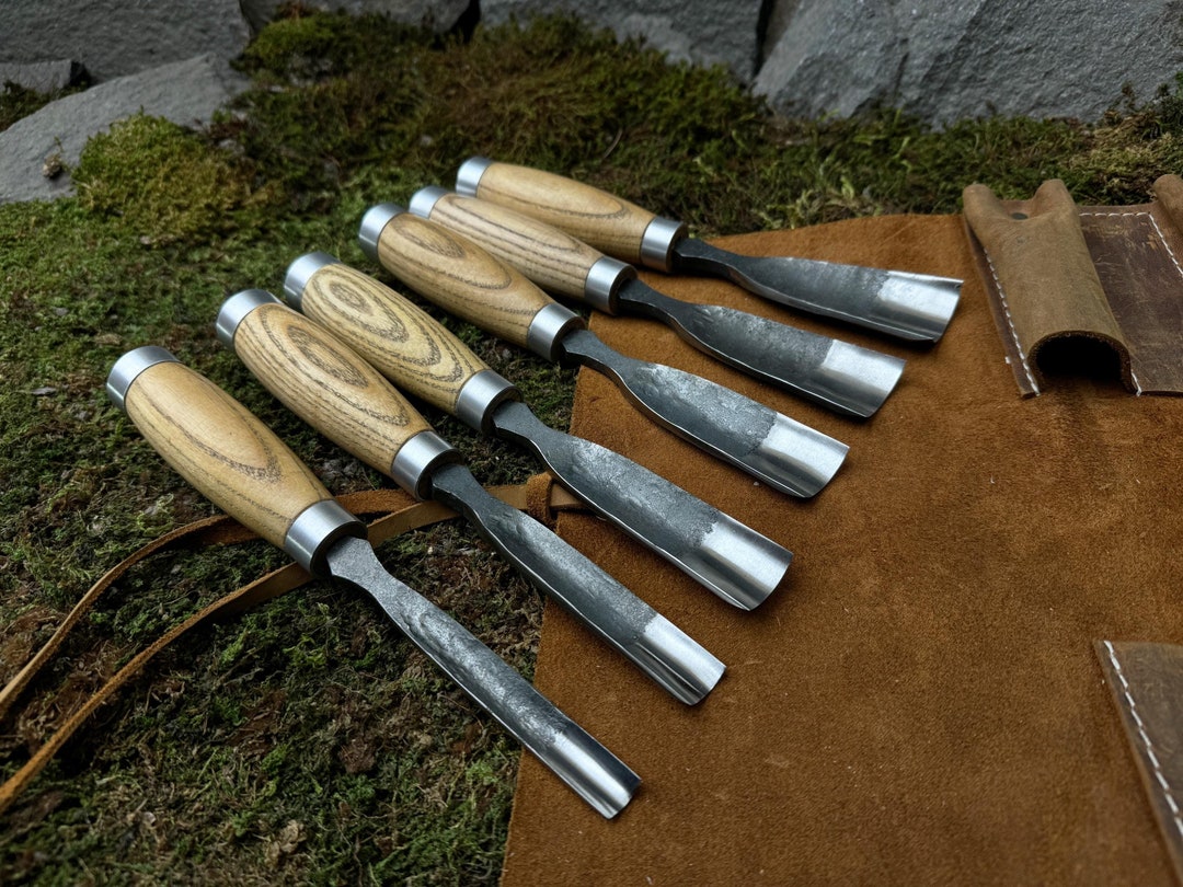 Set of 6 Wood Carving Gouge With Leather Case. Straight Rounded Gouges ...