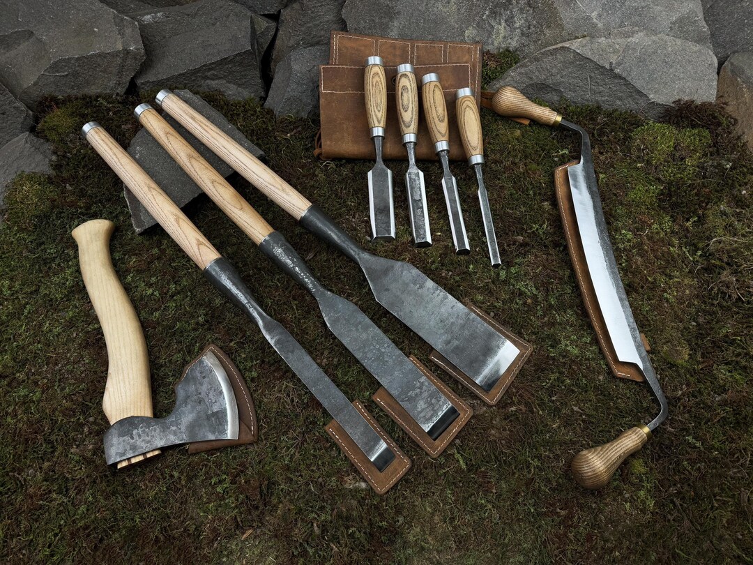 Set Woodworking Tool 9-piece With Leather Cases. Carving Chisels ...
