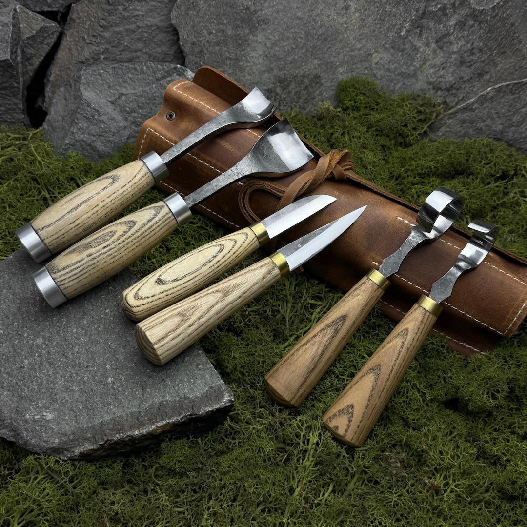 Wood Carving Tool Set 6-piece With Leather Case. Spoon Carving Knives ...