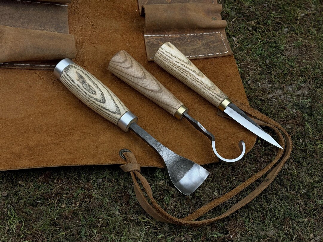 Set 3-piece Spoon Carving Tool With Leather Case. Hook, Sloyd Knives ...
