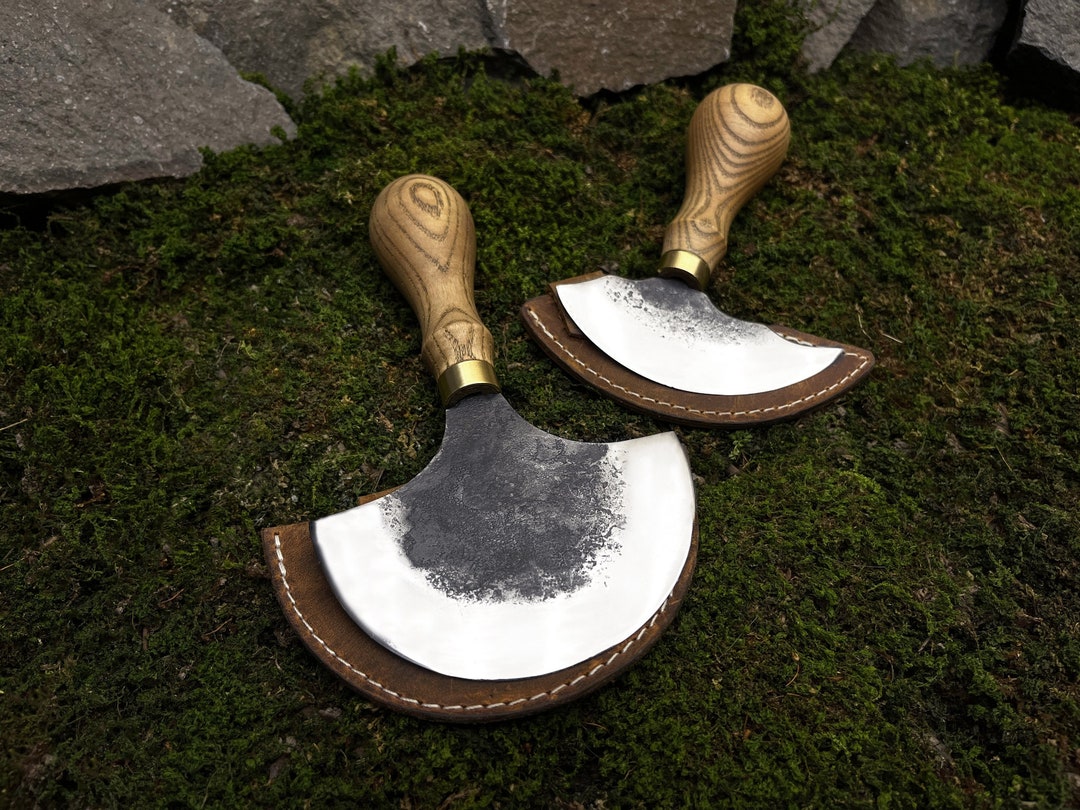 Set of 2 Leather Round Knife With Cases. Half Moon Blades. Skinning ...