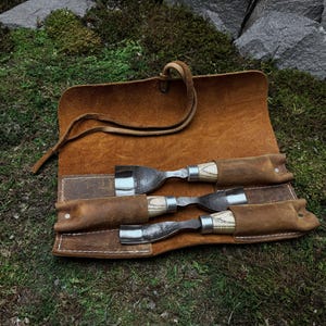 Set of 3 Bent Gouge With Leather Case. Spoon Carving Tools. Woodworking Gouges for Beginner and ...