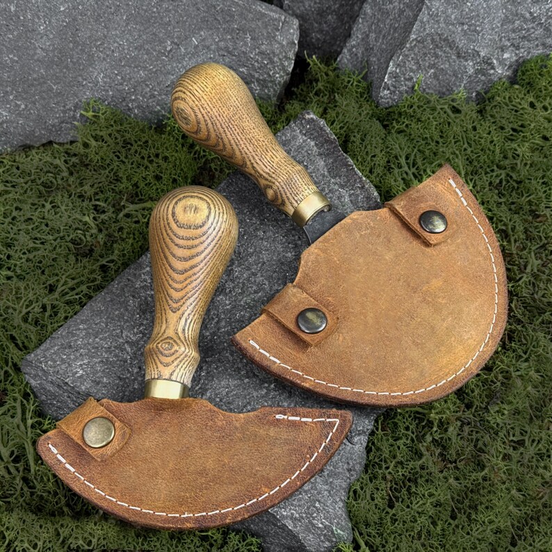 Set of 2 Leather Round Knife With Cases. Half Moon Blades. Skinning ...