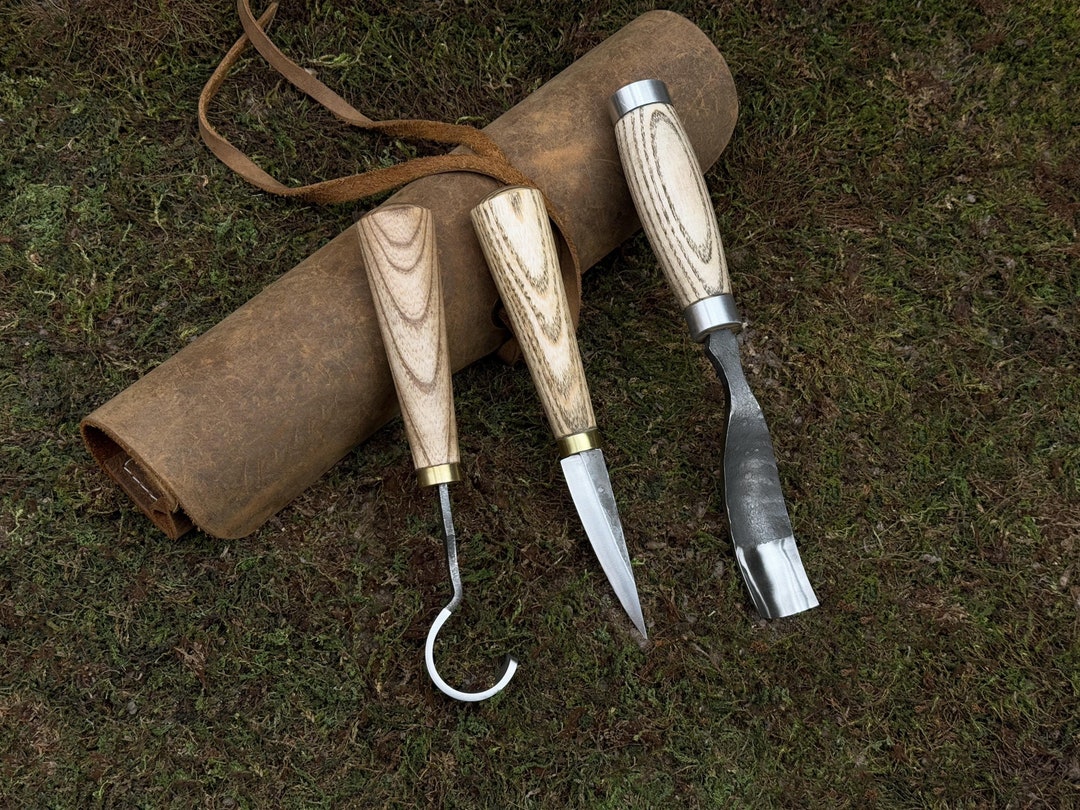 3-piece Wood Carving Knife Set With Leather Case. Bent Gouge. Hook ...