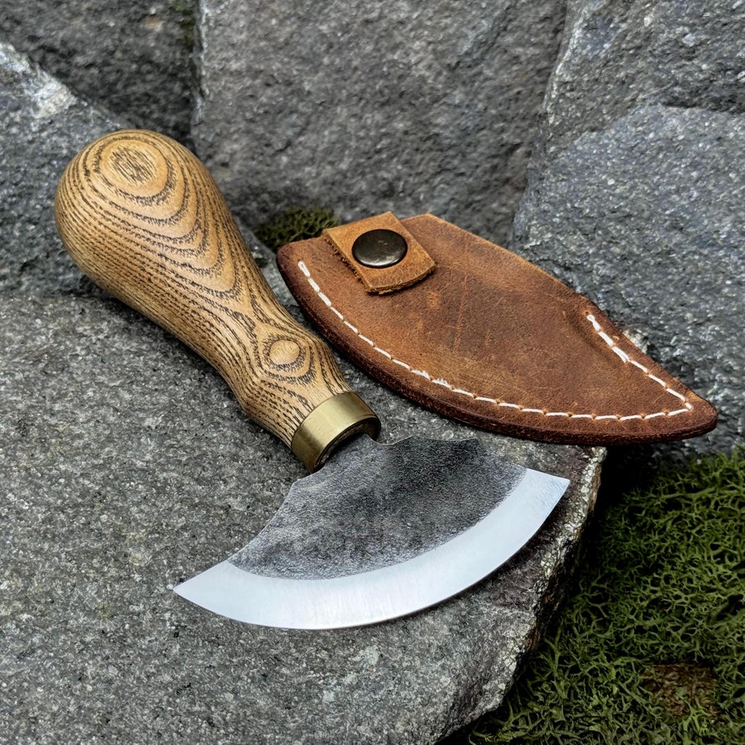 Hand Forged Small Leather Round Knife. Carbon Steel 52100 Half Moon ...