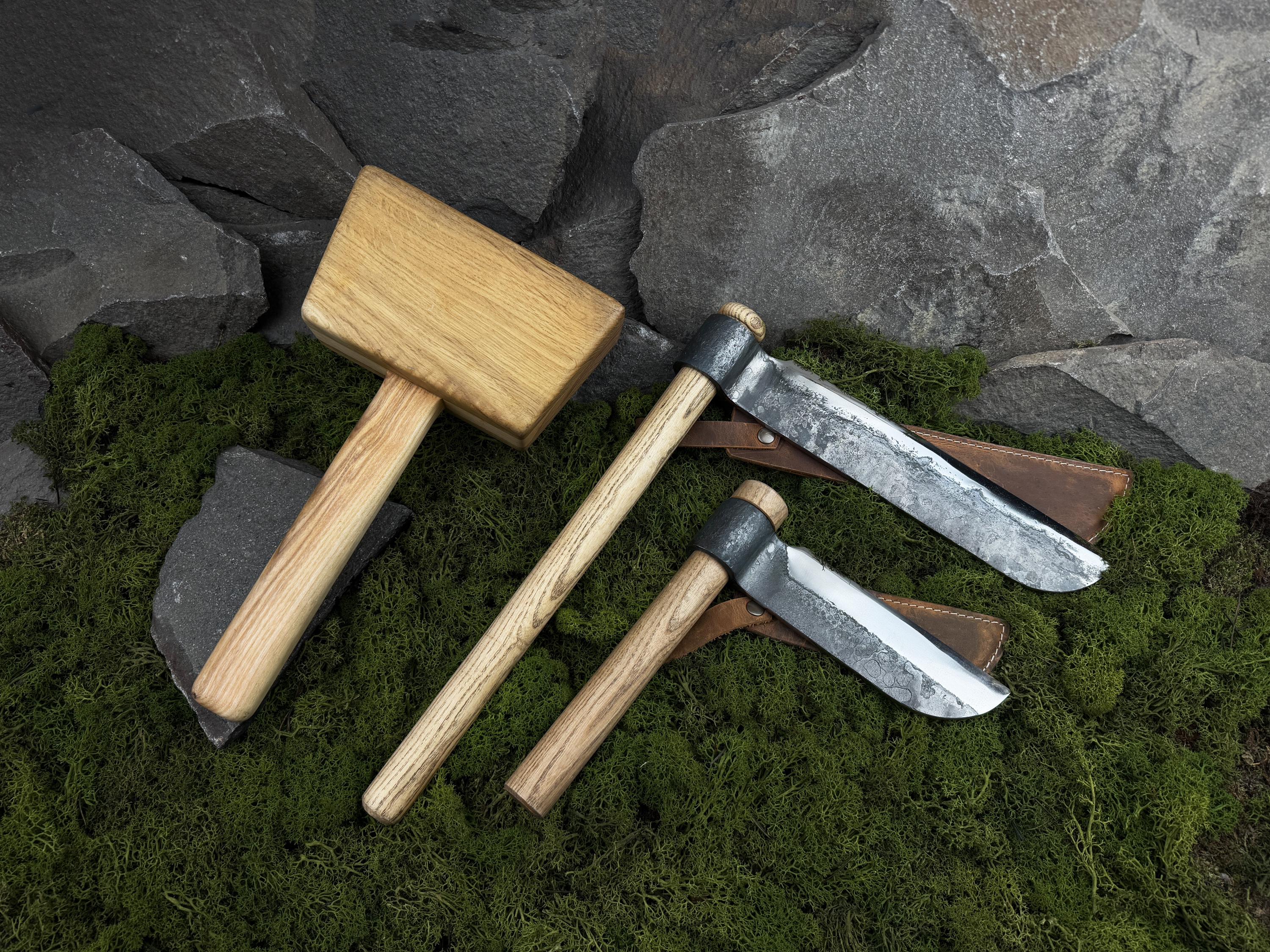 Set Splitting Froe and Wooden Mallet With Leather Cases. Tools for ...