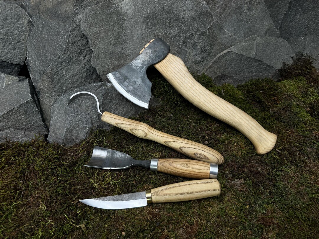 4-piece Set of Bowl Carving Tool With Leather Cases. Woodworking. Axe ...