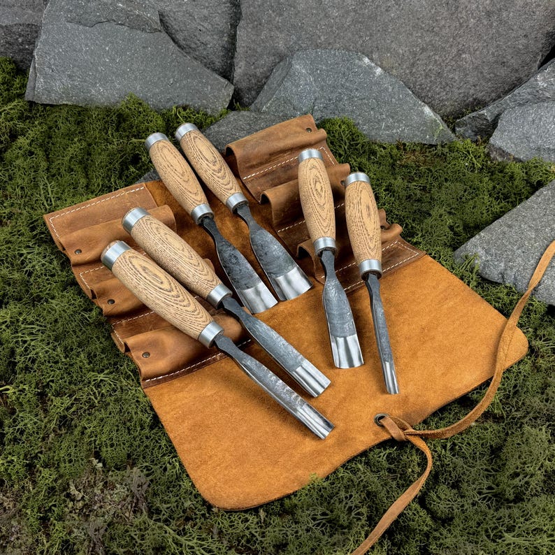 Set of 6 Wood Carving Gouge With Leather Case. Straight Rounded Gouges ...
