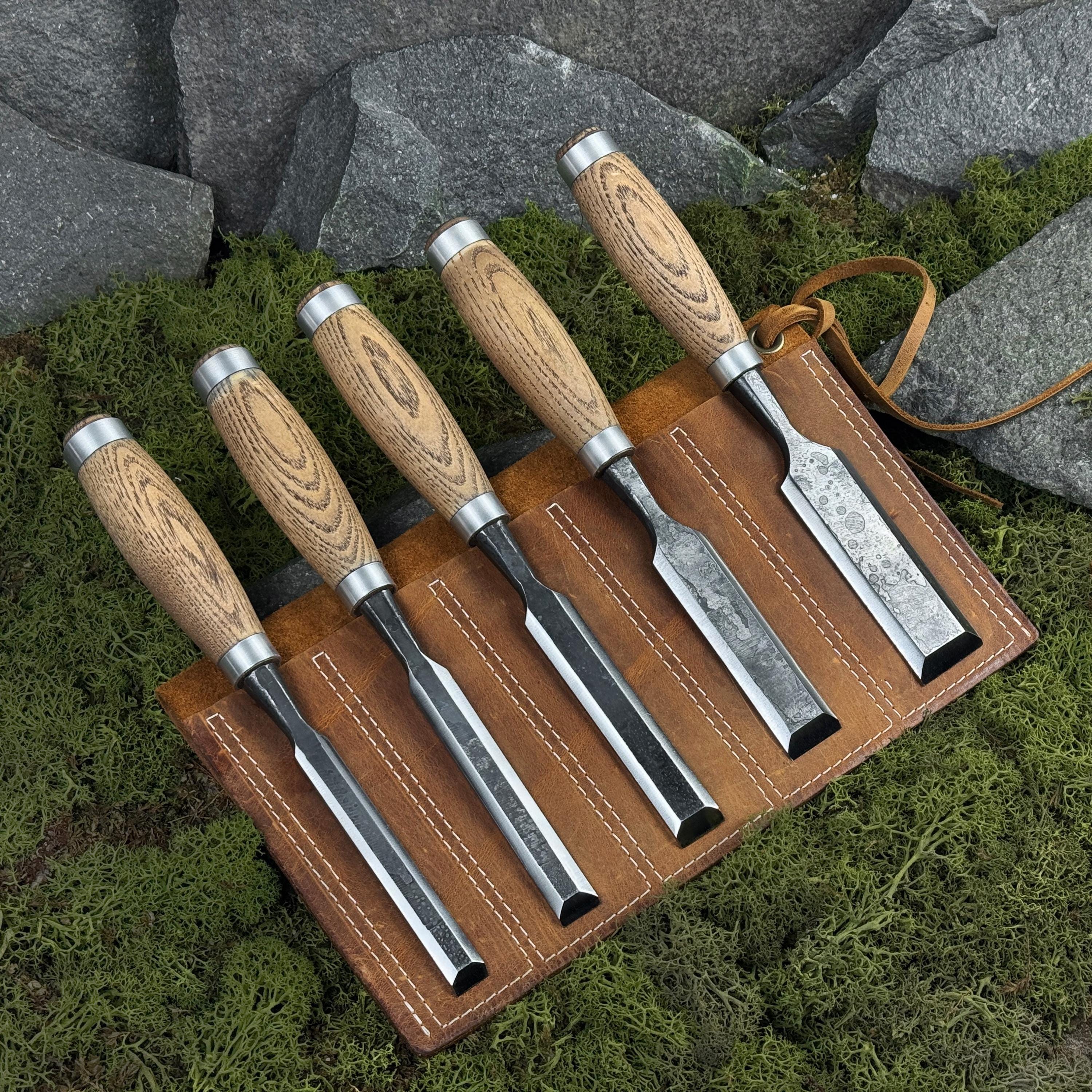 5-piece Bevel Edge Chisel Set With Leather Case. Wood Carving Tools ...