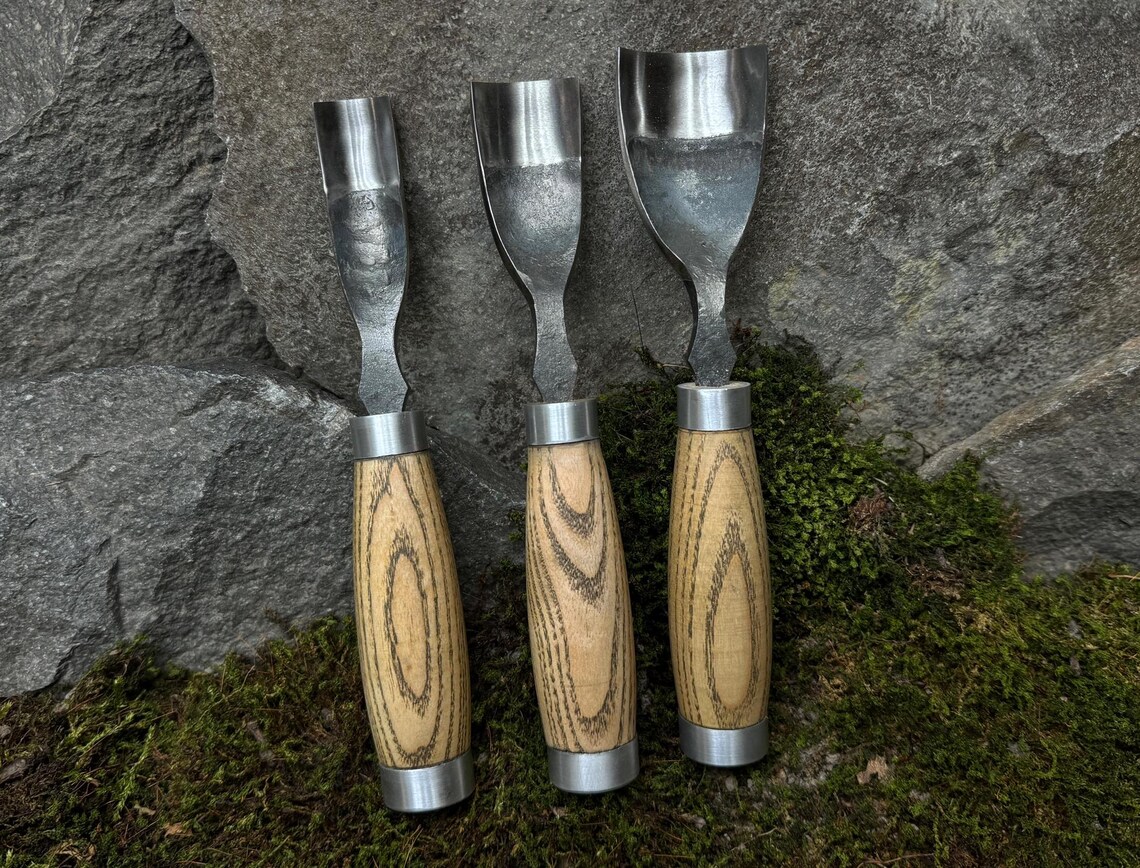 Set of 3 Bent Gouge With Leather Case. Spoon Carving Tools. Woodworking ...
