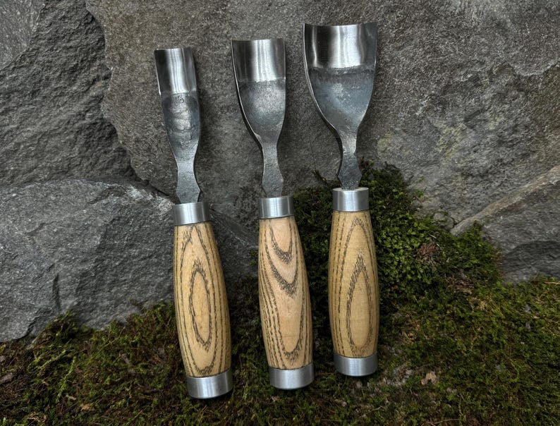 Set of 3 Bent Gouge With Leather Case. Spoon Carving Tools. Woodworking ...
